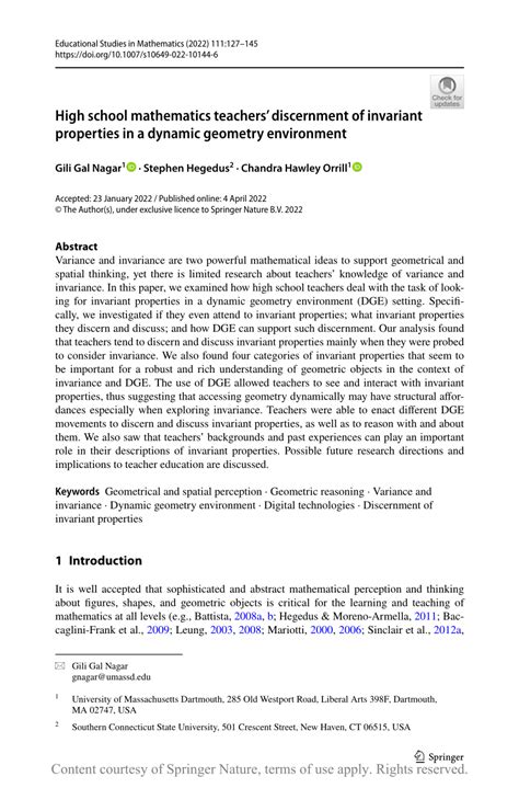High School Mathematics Teachers Discernment Of Invariant Properties In A Dynamic Geometry