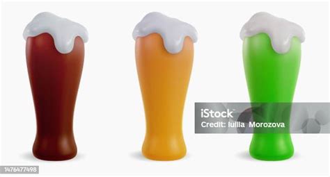 흰색 배경에 격리된 노란색 어둡고 녹색 맥주 잔을 설정합니다 현실적인 최소 스타일의 3d 만화 생생한 그림 밝은 현대 벡터 그래픽 요소를 수집합니다 3차원 형태에 대한 스톡