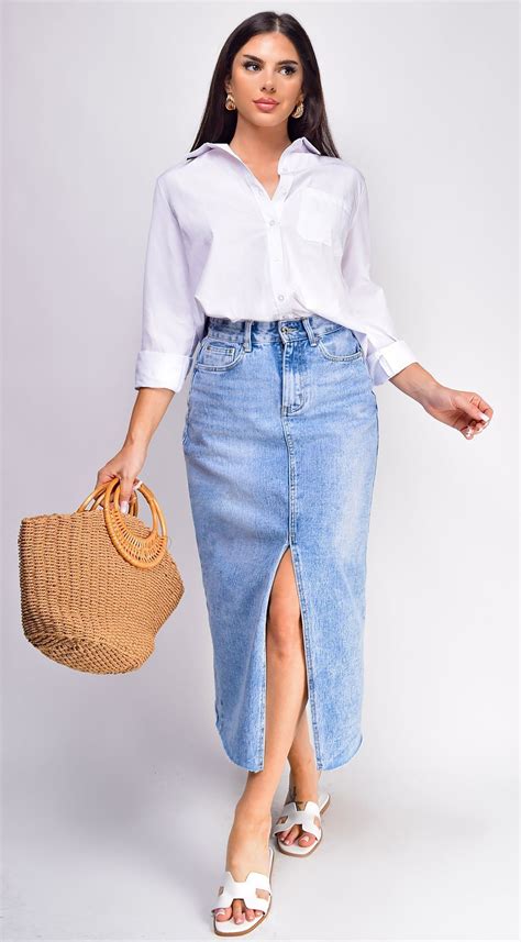 Denim Skirt With White Shirt Jeans Skirt Outfit Ideas Button Down