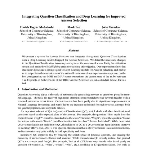 Integrating Question Classification And Deep Learning For Improved Answer Selection Acl Anthology