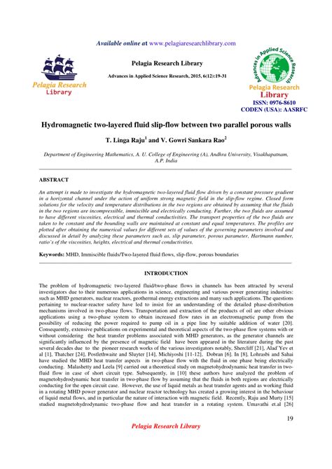 Pdf Hydromagnetic Two Layered Fluid Slip Flow Between Two Parallel Porous Walls