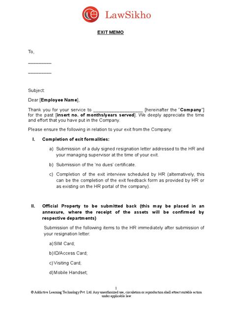Template Exit Memo Pdf Confidentiality Employment