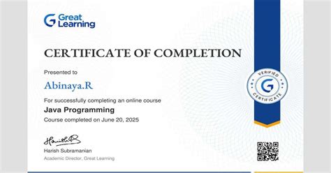 Java Programming Course Completion Certificate For Abinayar Abinaya