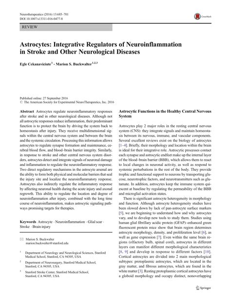 Pdf Astrocytes Integrative Regulators Of Neuroinflammation In Stroke And Other Neurological