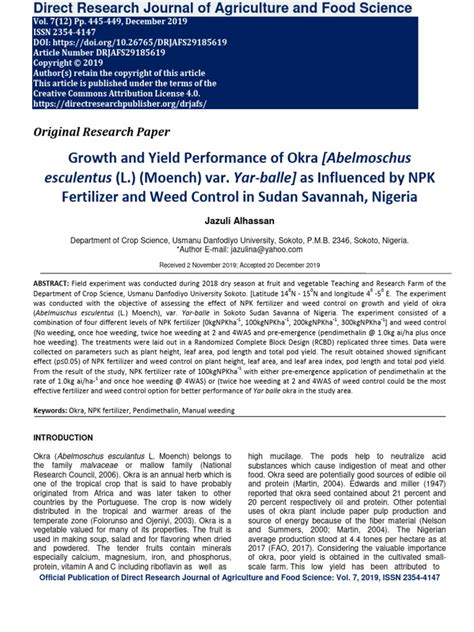 Growth And Yield Performance Of Okra L Moench Var As Influenced By Npk Fertilizer And Weed