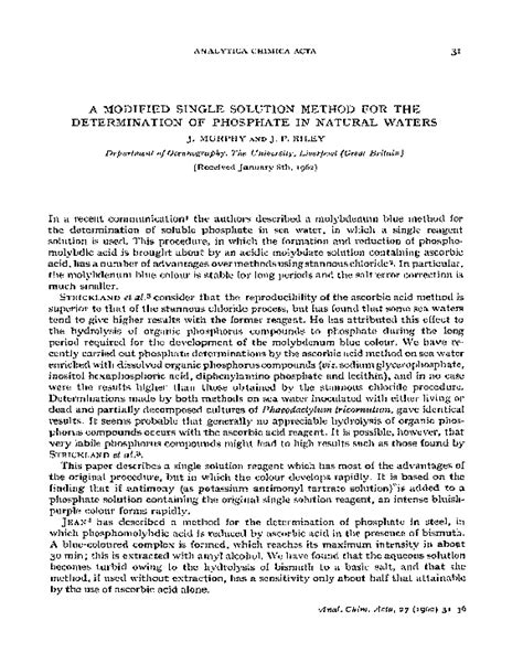 Pdf A Modified Single Solution Method For The Determination Of Phosphate In Natural Waters