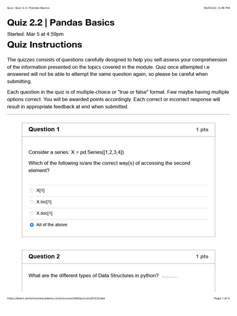 Quiz Quiz 22 Pandas Basics Pdf Quiz Computer Science