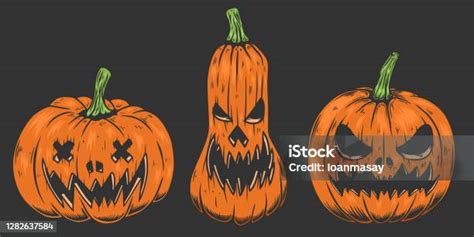 무서운 할로윈 호박의 일러스트 레이션 세트 포스터 카드 배너 기호 엠블럼을 위한 디자인 요소 벡터 일러스트레이션 10월에 대한 스톡 벡터 아트 및 기타 이미지 Istock
