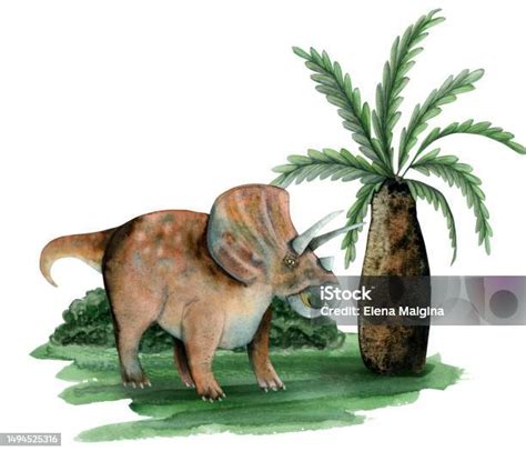 Dinosaurus Triceratops Pada Ilustrasi Cat Air Lanskap Prasejarah Dengan ...