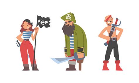 잔인한 남자와 여자 해적 또는 해적 캐릭터와 세이버와 줄무늬 조끼를 해양 강도 벡터 세트로 거친에 대한 스톡 벡터 아트 및 기타