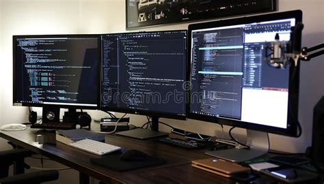 Software Developer S Workstation With Monitors Displaying Code And Data Stock Illustration