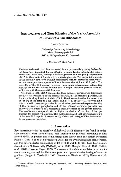 Pdf Intermediates And Time Kinetics Of The In Vivo Assembly Of Escherichia Coli Ribosomes