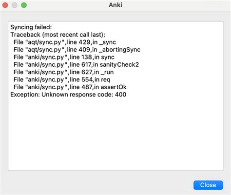 syncing error unknown response code 400 r anki