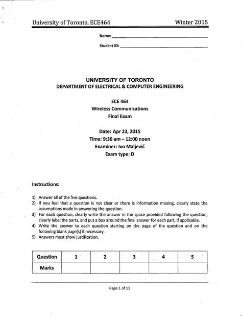 Exam April Questions Final Exam University Of Toronto ECE Winter Name