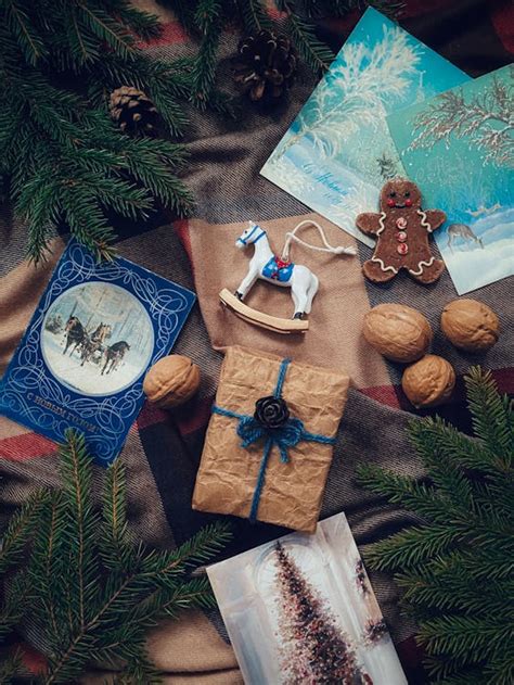 갈색 종이 패키지 겨울 겨울 시즌 계절 계절 장식 공예 눈 풍경 카드 따뜻한 러스틱 보여주다 빈티지 스타일 선물 선물 포장 소나무 가지 솔방울