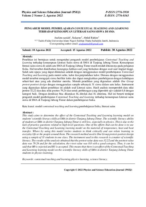 Pdf Pengaruh Model Pembelajaran Contextual Teaching And Learning