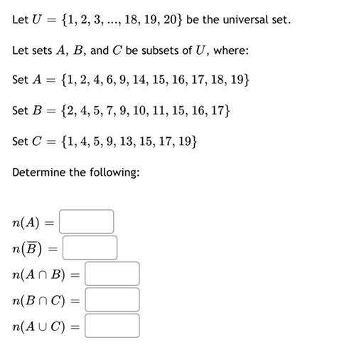 solved let u {1 2 3 … 18 19 20} be the universal set let