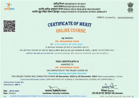Isro Iirs Cybersecurity Geodata Learning Achievement Mohammad Izaan