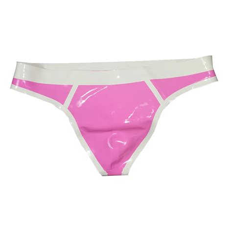 Men Latex Briefs Pink And White Trims Male Rubber Panties Thong