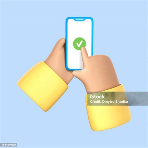 녹색 체크 표시가 있는 스마트폰을 들고 있는 3d 만화 손 스마트폰 화면의 체크 표시 파란색 배경에 고립된 손가락 터치 화면입니다 벡터 3d 일러스트 레이 션 3차원 형태에