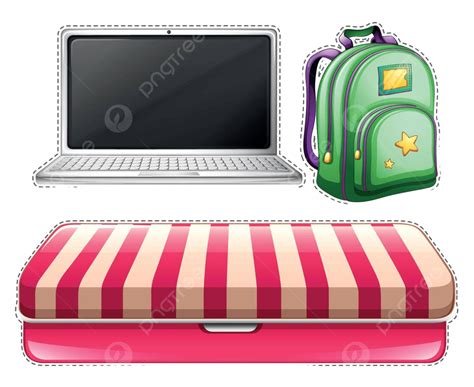 Sticker Set Of Computer And Backpack Box Object Container Vector