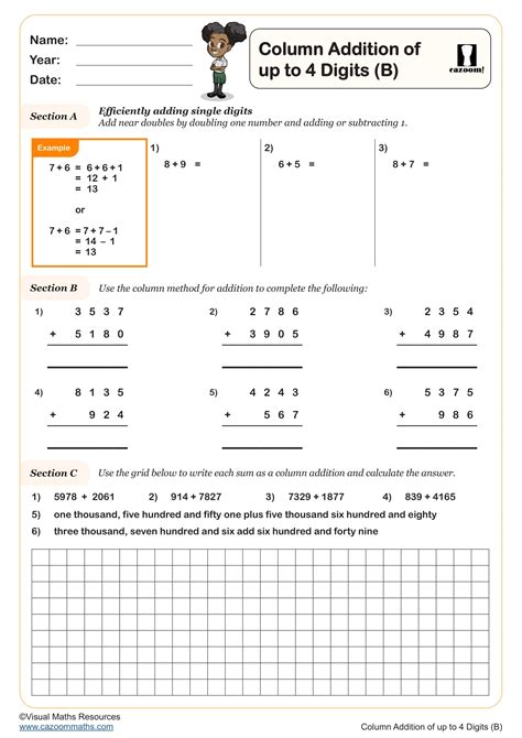 Column Addition Of Up To 4 Digits B Key Stage 2 Addition Worksheet