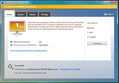 Microsoft Security Essentials Warning About End Of Support For Vista