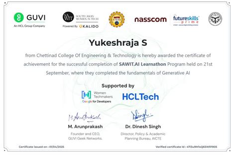 Generativeai Ai Machinelearning Techlearning Guvi Sawitailearnathon Yukeshraja S