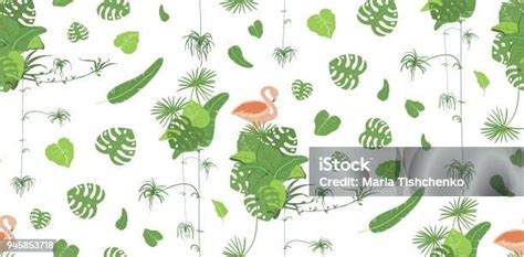 벡터와 종 려 가지와 열 대 식물의 잎 중에서 정글에 분홍색 플라밍고 원활한 열 대 패턴입니다 0명에 대한 스톡 벡터 아트 및 기타 이미지 Istock