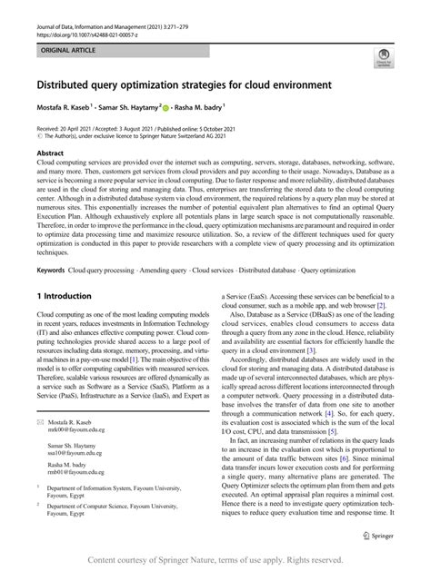 Distributed Query Optimization Strategies For Cloud Environment
