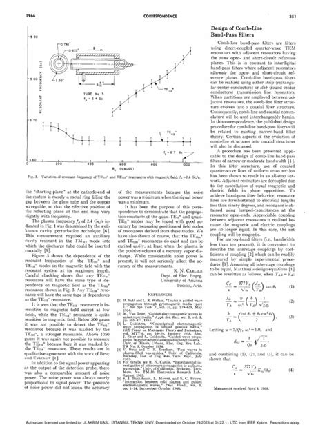 Design Of Comb Line Band Pass Filters Correspondence Pdf Resonance Filter Signal Processing