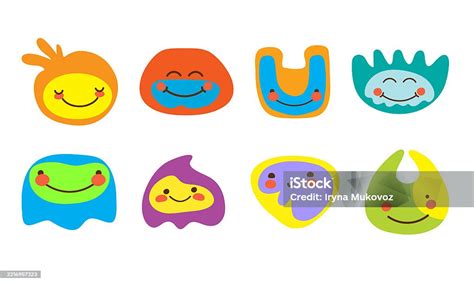 귀엽고 친근한 몬스터 웃는 얼굴을 가진 추상적인 모양의 캐릭터 재미있는 만화 그루비 디자인은 어린이 장식 인쇄물 또는 스티커에 적합합니다 벡터 일러스트 레이 션 0명에 대한