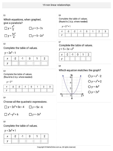 Y9 Non Linear Relationships Questions Pdf