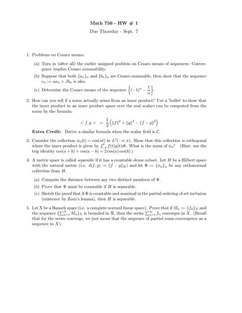 5 Questions For Assignment 1 Fourier Analysis Math 750 Assignments Mathematics Docsity