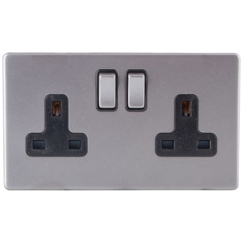 13A 2 Gang DP Switched Socket Black Insert Gunmetal Screwless M2 Electrical