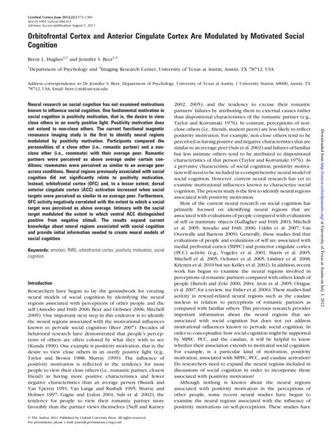 Pdf Orbitofrontal Cortex And Anterior Cingulate Cortex Are Modulated By Motivated Social Cognition