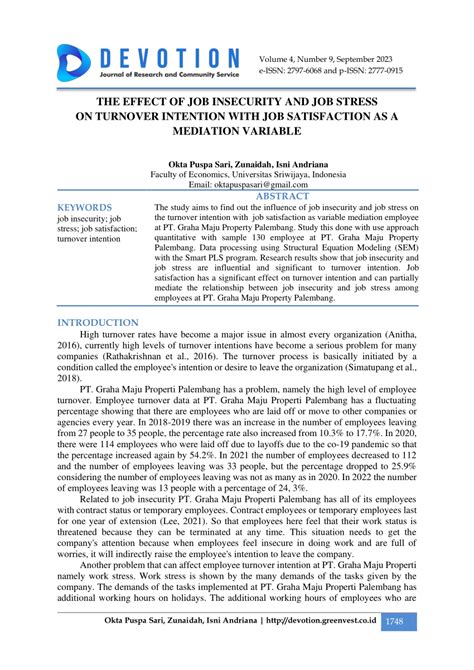 Pdf The Effect Of Job Insecurity And Job Stress On Turnover Intention