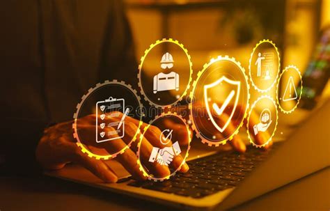 Work Safety And Compliance Concept Hands Typing On A Laptop With Icons Work Safety Compliance