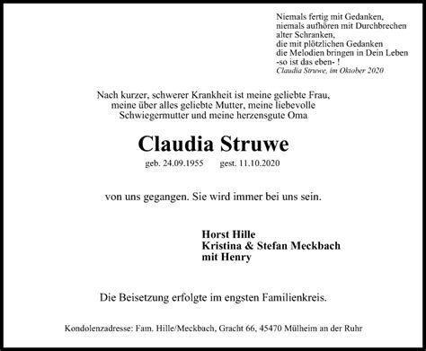 Traueranzeigen Von Claudia Struwe Trauer In Nrwde