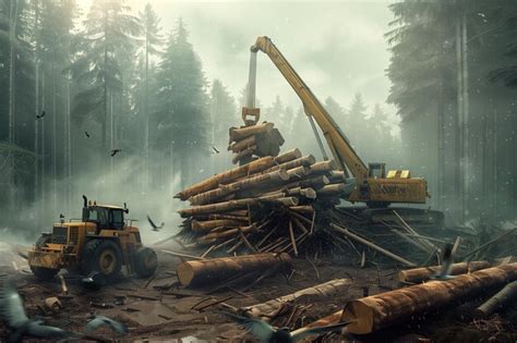 An Atmospheric Scene Of A Logging Operation In A Foggy Forest Premium Ai Generated Image
