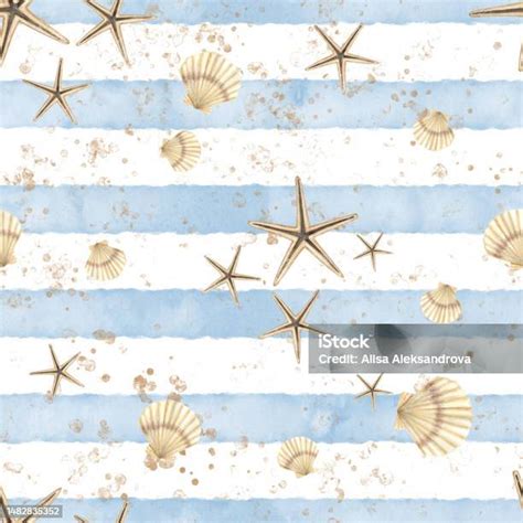 가리비와 불가사리가 있는 조개껍데기 이음매 없는 패턴 손으로 그린 수채화 그림은 고립된 배경에 파란색 선이 있다 포장지 또는