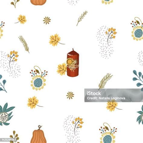 추상적 인 식물 호박 양초 식물 요소 꽃 열매 나뭇 가지 부드러운 팔레트 추수 감사절 가을 테마 가을 분위기에 적합한 완벽한 패턴 다중 색상에 대한 스톡 벡터 아트 및 기타