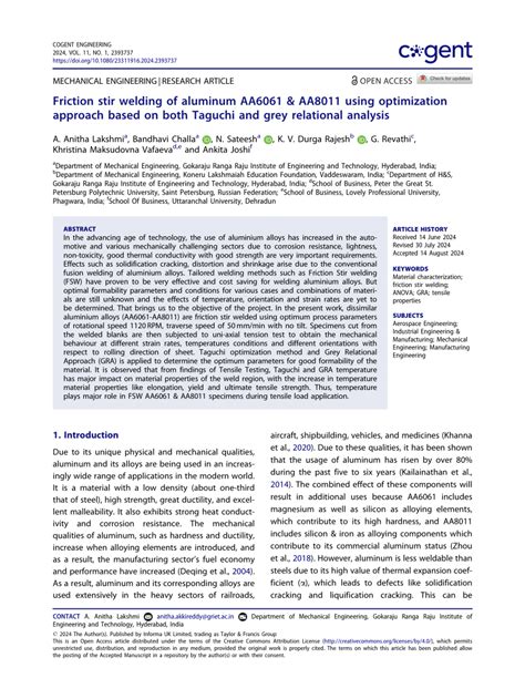 Pdf Friction Stir Welding Of Aluminum Aa6061 And Aa8011 Using Optimization Approach Based On