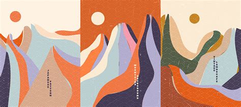 벡터 일러스트 레이션 풍경입니다 플랫 디자인 산과 언덕 배경 컬렉션 일본의 웨이브 패턴 그런지 표면 텍스처 아시아 스타일 포스터 책 표지 웹 템플릿 브로셔 용 디자인 모던