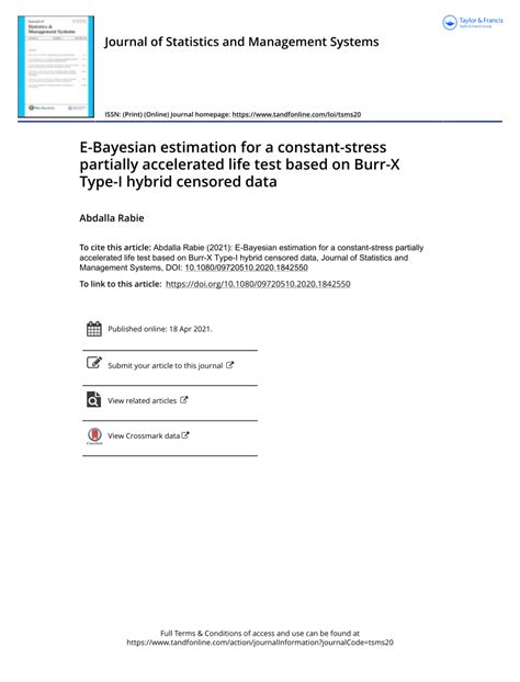 Pdf E Bayesian Estimation For A Constant Stress Partially Accelerated Life Test Based On Burr