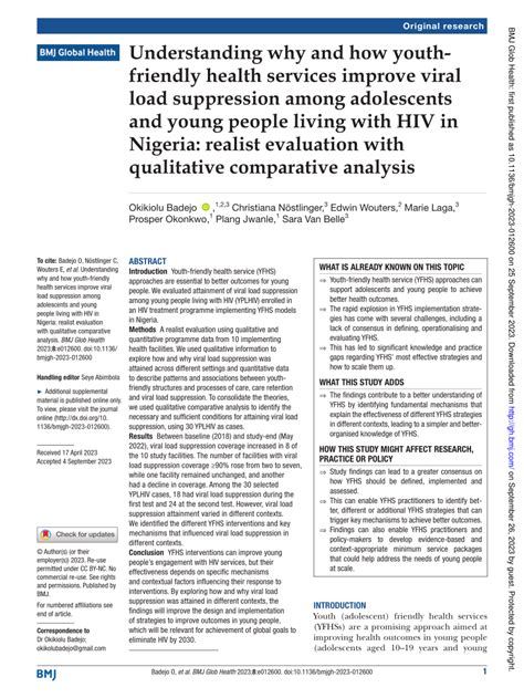 Pdf Understanding Why And How Youth Friendly Health Services Improve Viral Load Suppression