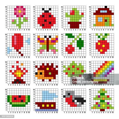 10 X 10 픽셀 아트 16 항목의 설정 편 직 자 수 바느질 체계 벡터 일러스트입니다 모자이크 처리에 대한 스톡 벡터 아트 및 기타 이미지 Istock
