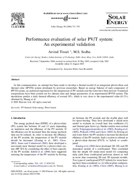 Pdf Performance Evaluation Of Solar Pvt System An Experimental Validation