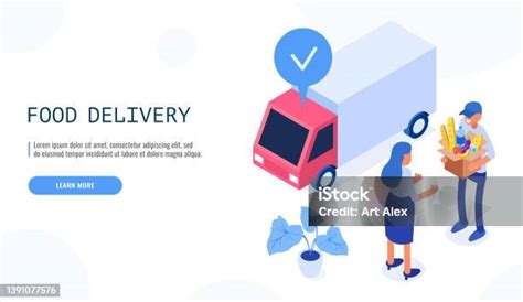 음식 배달 서비스 개념 배달관은 여성 고객에게 음식으로 상자를 제공합니다 등등 측정 웹 배너 벡터 24 시간 영업 표시에 대한