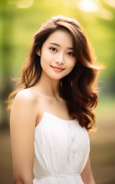 A Young Beautiful Japanese Woman Smiling In Natures Ambiance Premium